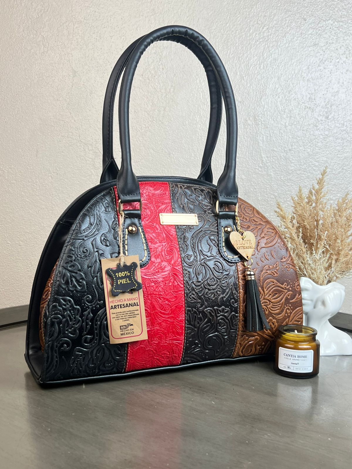 UB MOD ARTESANAL LUNA 1 FRANJAS TONOS ROJO/MARRON/NEGRO – Moda Brava Bolsas